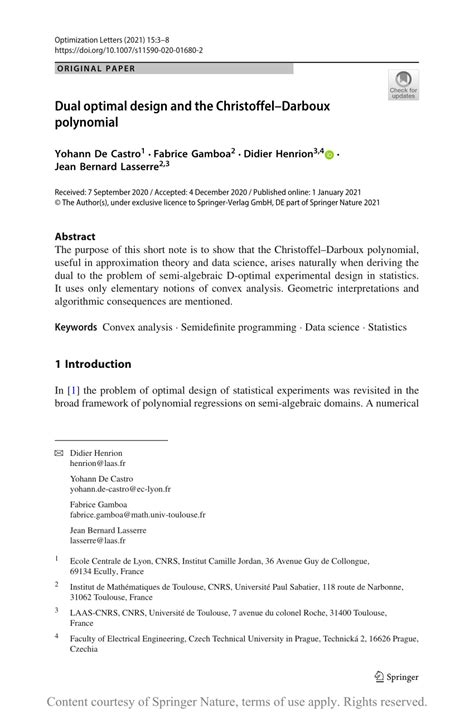 dual optimal design and the christoffel darboux polynomial request pdf
