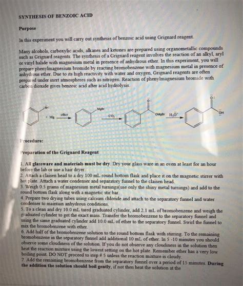 Solved SYNTHESIS OF BENZOIC ACID Purpose In This Experiment Chegg