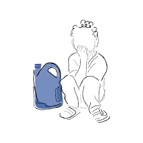 Dibujo de arte lineal de escasez de agua de un niño sentado con un