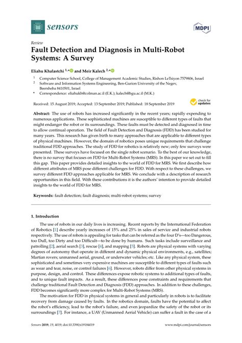 pdf fault detection and diagnosis in multi robot systems a survey