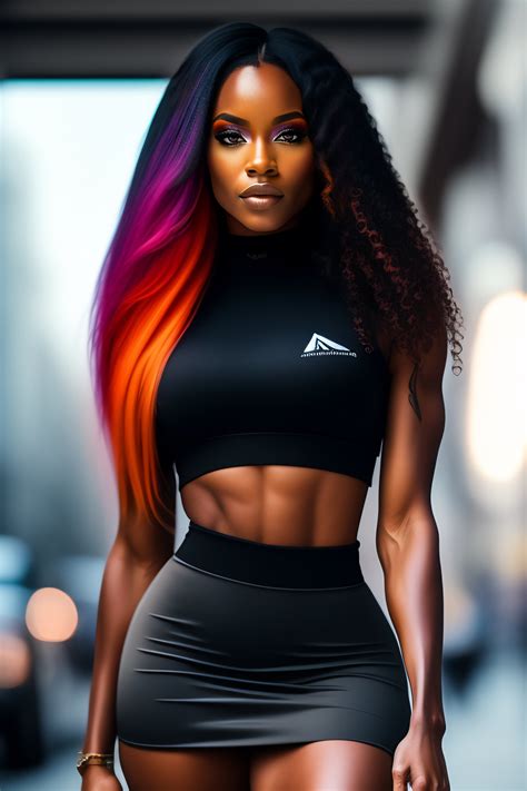 Lexica Black Woman Mini Skirt Long Colored Hair Athletic Body
