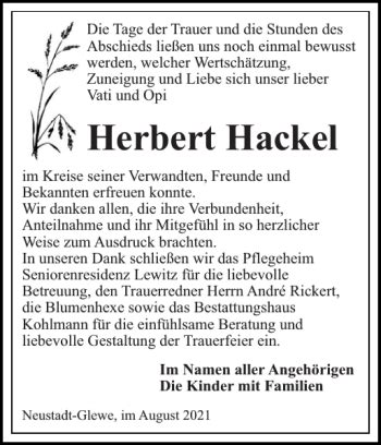 Traueranzeigen Von Herbert Hackel Trauer Nordkurier