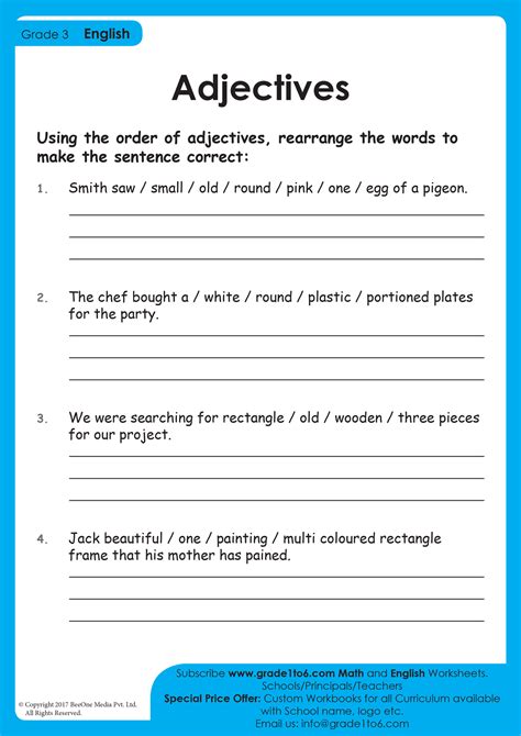 Order Of Adjectives Worksheet For Grade 3