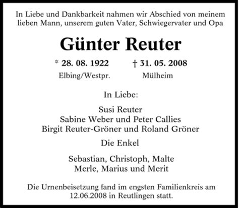 Traueranzeigen Von G Nter Reuter Trauer In Nrw De