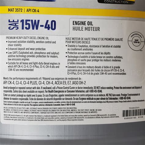 New Holland 2 5 Gal Engine Oil SAE 15W 40 CK 4 MAT 3572 Part 73344241