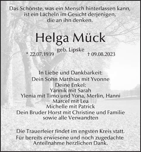 Helga Mück Traueranzeige trauer inFranken de