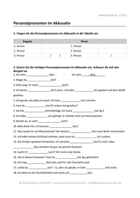 A1 Personalpronomen im Akkusativ Unterrichtsmaterial in den Fächern