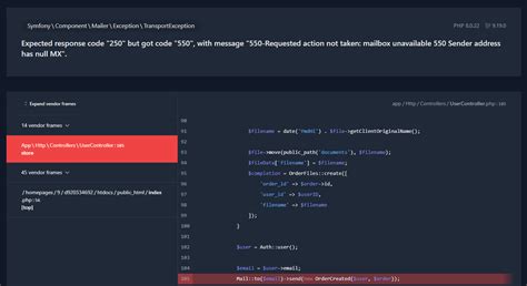 Laravel Expected Response Code 250 But Got Code 550 With Message