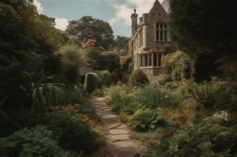 Una casa en el bosque con un camino de jardín y una casa al fondo