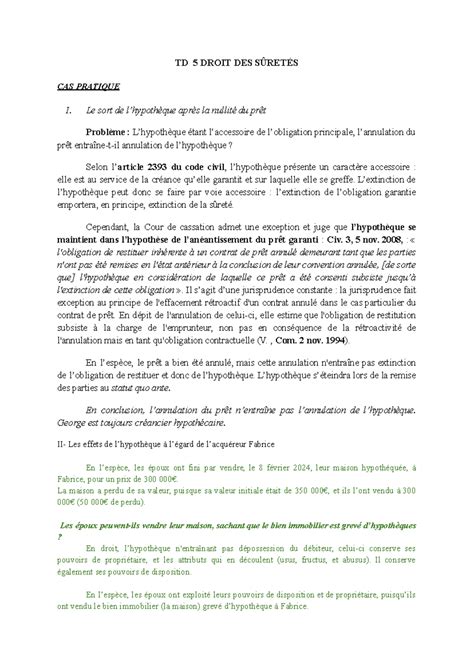 TD 5 droit des suretes cas pratique TD 5 DROIT DES SÛRETÉS CAS