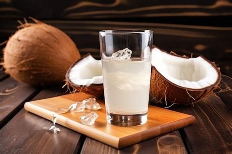 Premium Ai Image Spilled Coconut Water On A Wooden Board
