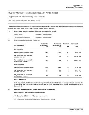 Fillable Online Appendix 4E Preliminary Final Report For The Year Ended