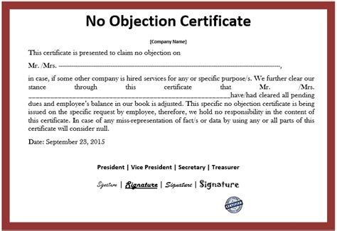Free Sample No Objection Certificate Templates Printable Samples
