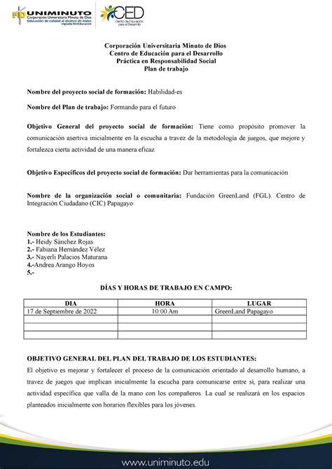 Actividad Plan De Trabajo Corporaci N Universitaria Minuto De Dios