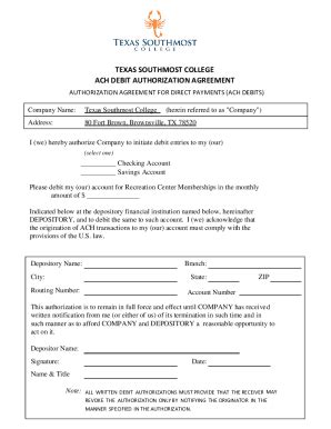 Fillable Online TEXAS SOUTHMOST COLLEGE ACH DEBIT AUTHORIZATION