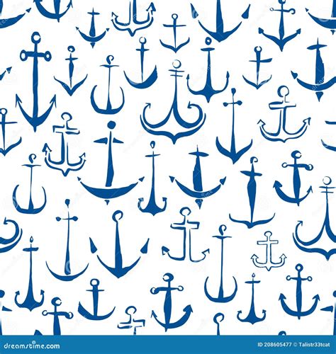 Anchors Seamless Pattern Hand Painted With Ink Brush Stock Vector
