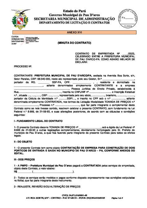 MINUTA DO CONTRATO 8 Prefeitura Municipal de Pau D Arco Gestão