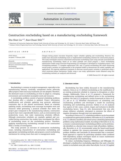 pdf construction rescheduling based on a manufacturing rescheduling framework