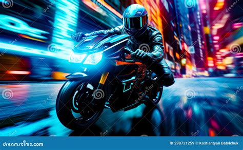 Man Riding On The Back Of Motorcycle Through City At Night Generative