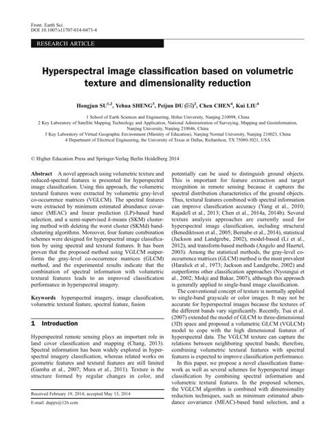 pdf hyperspectral image classification based on volumetric texture and dimensionality reduction