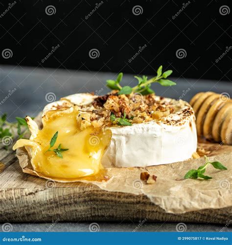 Traditional French Homemade Baked Camembert Cheese With Thyme Stock
