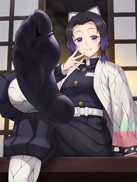 Tedain Kochou Shinobu Kimetsu No Yaiba Highres 1girl Black Hair Feet Foot Focus Foot Up
