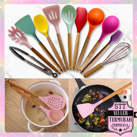 Jual STT Sutil Silicon Gagang Kayu Peralatan Masak Murah Utensil