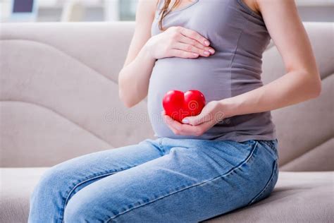 The Pregnant Woman With A Belly Tummy Sitting On A Sofa At Home Stock