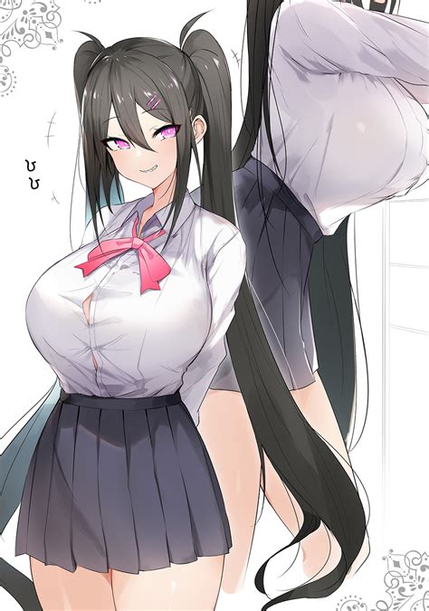 Rule 34 1girls Arms Behind Back Black Hair Blush Breasts Busty Button Gap Cleavage Eyebrows