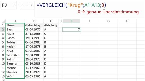Excel VERGLEICH Funktion einfach erklärt mit Video