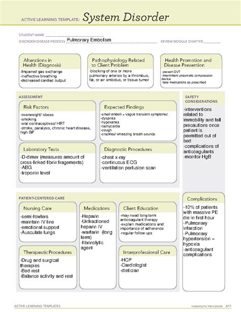 Pulmonary Embolism Pe System Disorder Active Learning Templates The