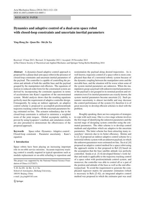 pdf dynamics and adaptive control of a dual arm space robot with closed loop constraints and