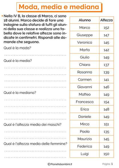 Moda Media E Mediana Esercizi Per La Scuola Primaria PianetaBambini It