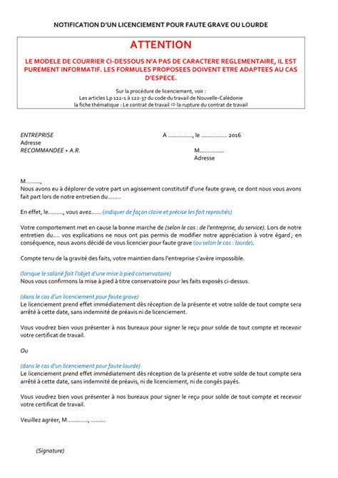 Model De Notification Dun Licenciement Pour Faute Grave Ou Lourde