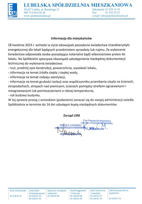 Informacja dla mieszkańców Lubelska Spółdzielnia Mieszkaniowa