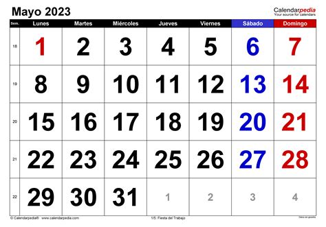 Calendario Mayo 2023 En Word Excel Y PDF Calendarpedia