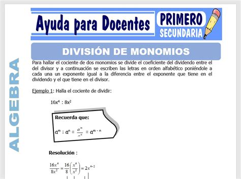 División de Monomios para Primero de Secundaria Ayuda para Docentes