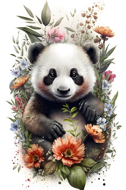 Um urso panda é cercado por flores e borboletas Foto Premium