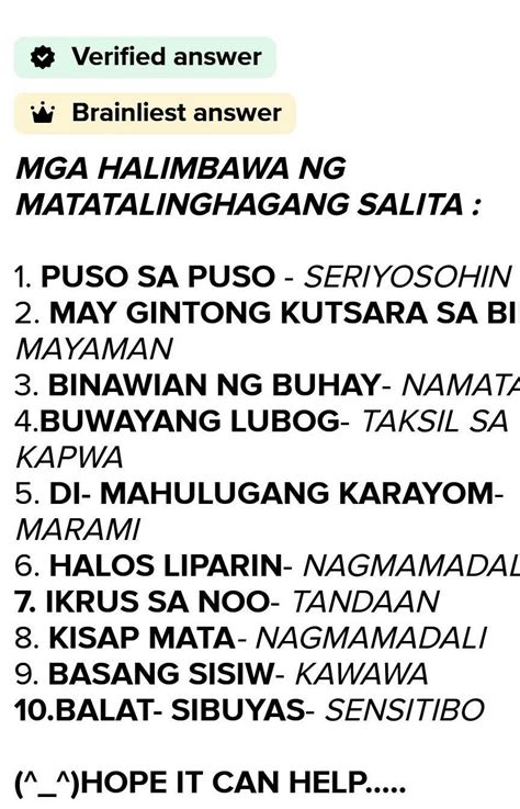 Limang Halimbawa Ng Matalinghagang Salita Brainly Ph