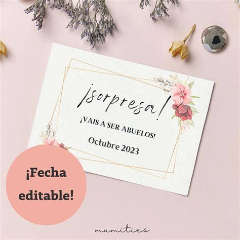 Tarjeta Editable Anuncio Embarazo Flores Mumities