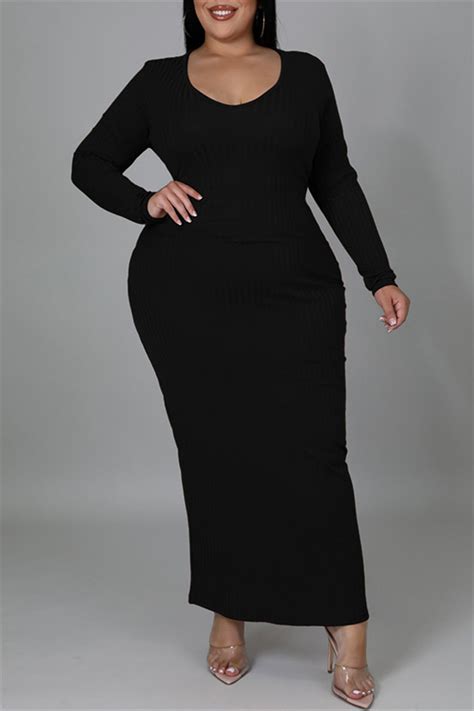 Black Fashion Casual Solid Bandage Hollowed Out O Neck Long Sleeve Plus Size Dressesplus Size