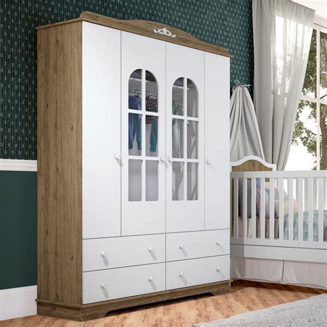 Guarda Roupa Infantil 4 Portas 4 Gavetas Provençal Henn Rústico Branco