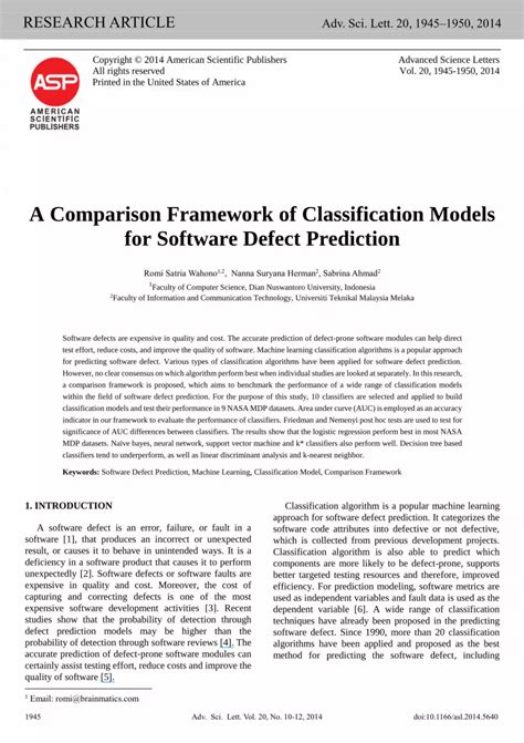 pdf a comparison framework of classification models for software defect prediction dokumen tips