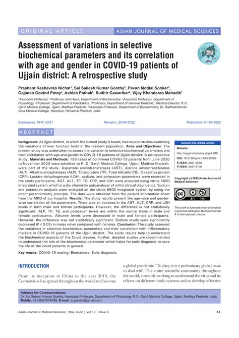 pdf assessment of variations in selective biochemical parameters and its correlation with age