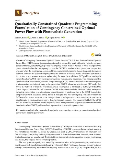 pdf quadratically constrained quadratic programming formulation of contingency constrained
