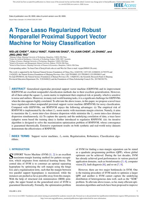 pdf a trace lasso regularized robust nonparallel proximal support vector machine for noisy