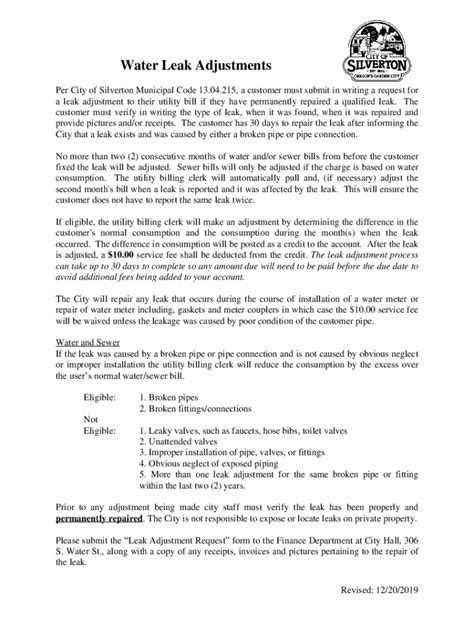 Fillable Online Silverton Or Water Leak Adjustment RequestSilverton