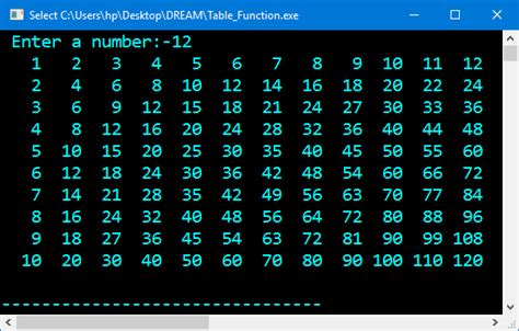 program in c to print table 1 to any number using function