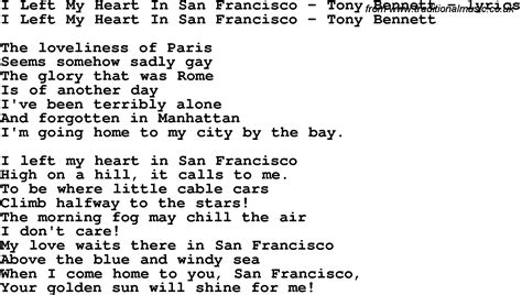 Love Song Lyrics For I Left My Heart In San Francisco Tony Bennett
