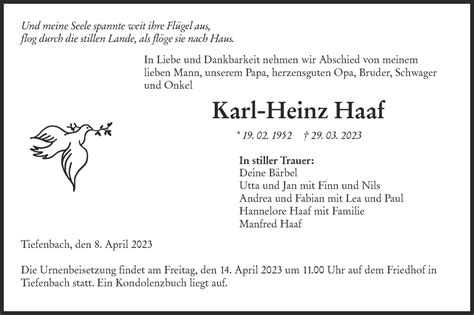 Traueranzeigen von Karl Heinz Haaf Südwest Presse Trauer